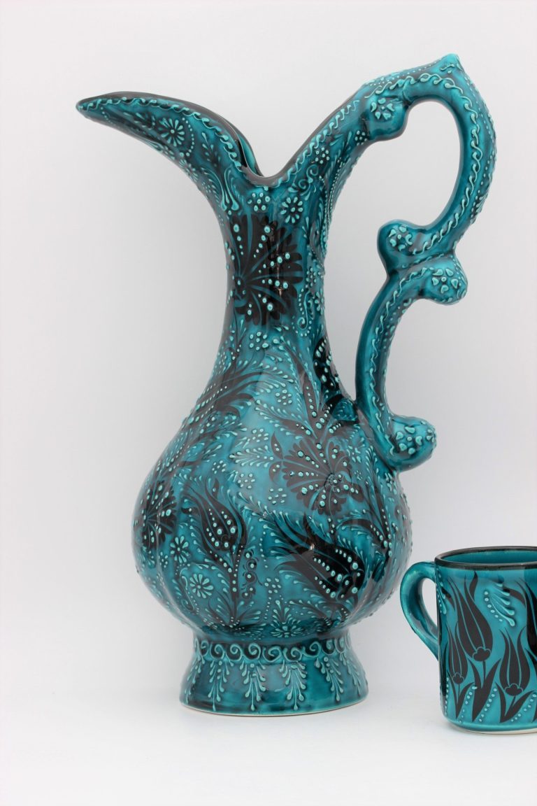 40 cm Large Hand Made Turkish Ceramic Pitcher Vase 2 In Turquoise - Nirvana