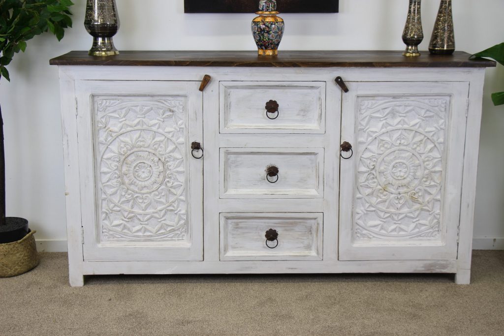 Adhira Large Sideboard Unit With Hand Carving White Wash - Nirvana