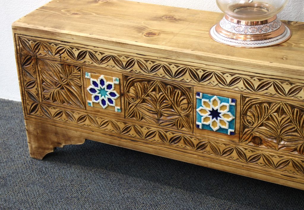 Hand Carved Wooden Trunk With Colourful Ceramic Tiles A - Nirvana