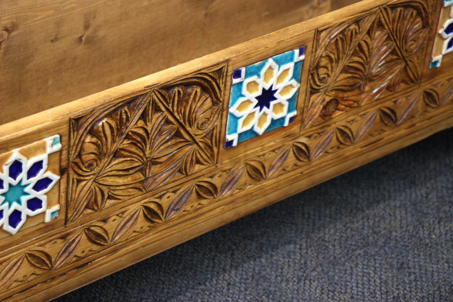 Hand Carved Wooden Trunk With Colourful Ceramic Tiles A - Nirvana