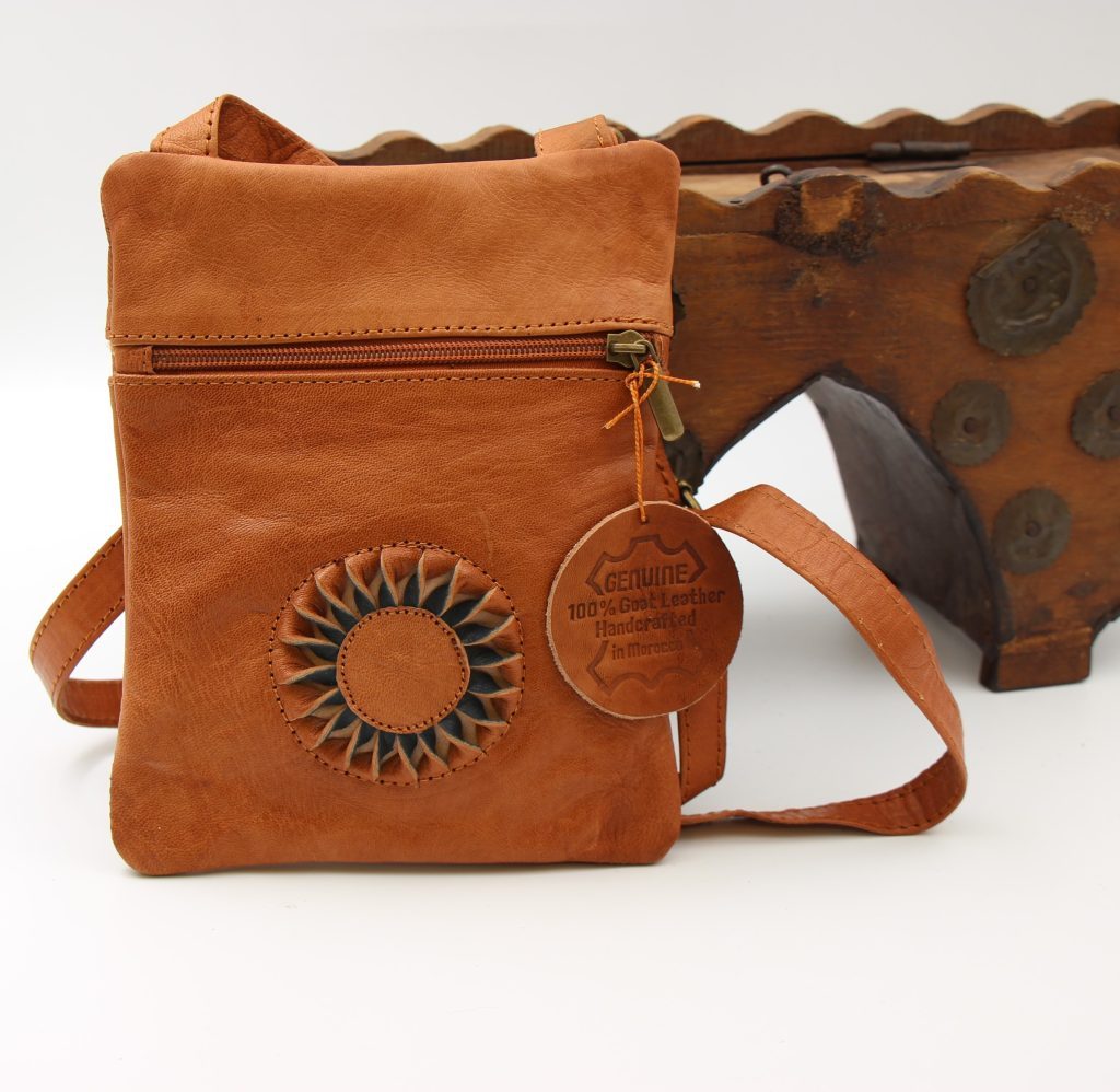 Genuine Moroccan Leather Tan Crossover Purse - With 3D Sunflower Logo ...