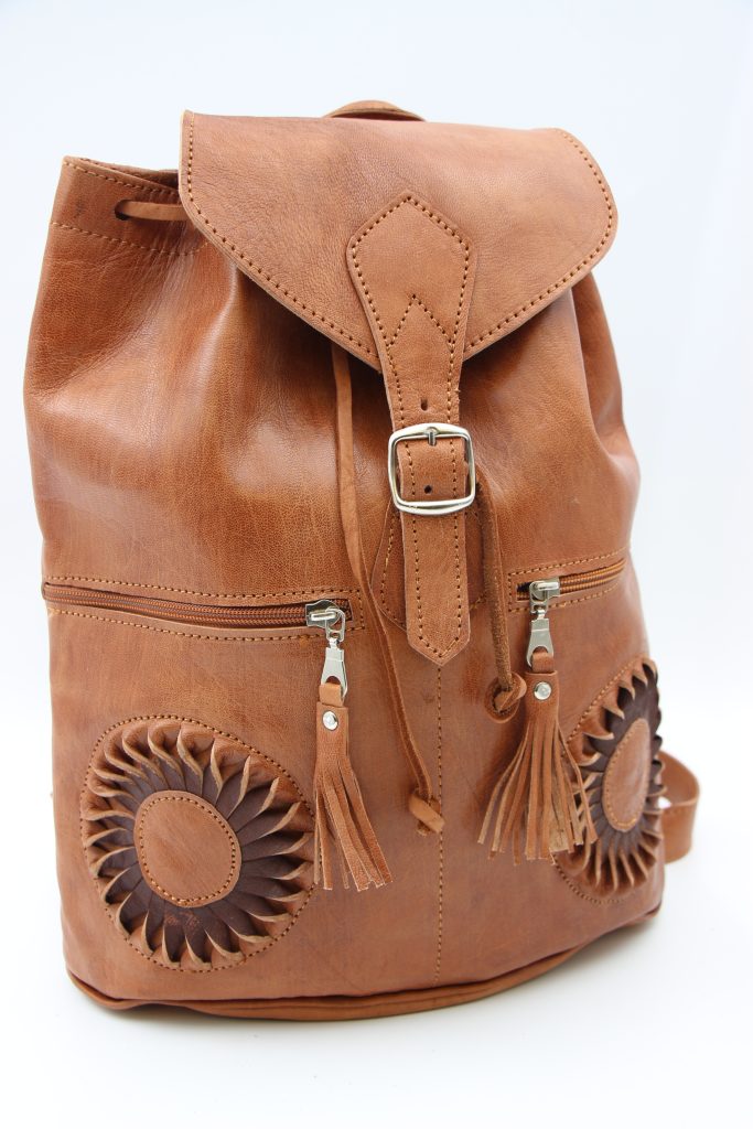 Genuine Moroccan Leather Back Pack - Tan With Black/Brown 3D Sunflowers ...