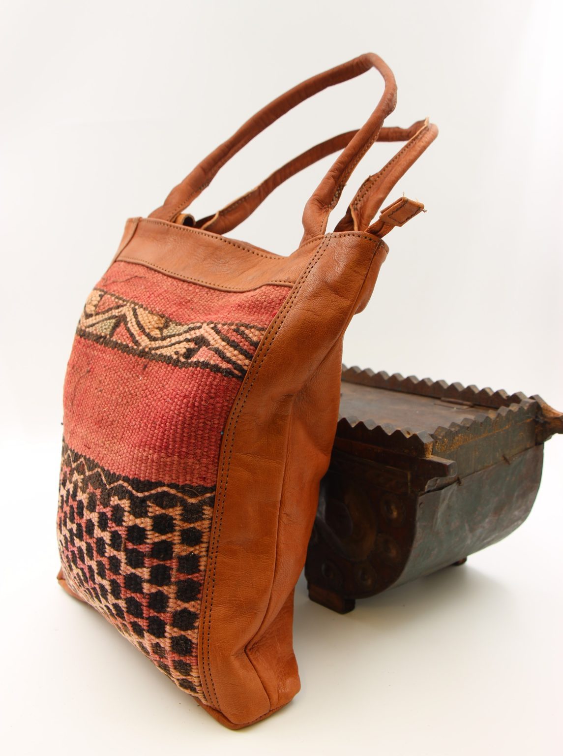 Genuine Moroccan Leather & Hand Woven Kilim Large Handbag - Nirvana