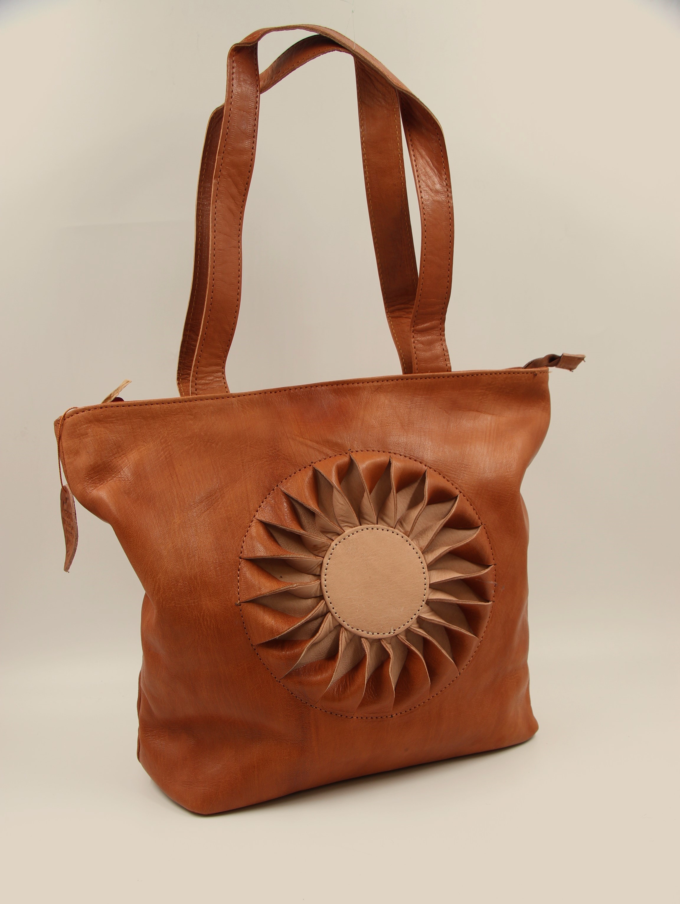Genuine Moroccan Leather Shoulder Bag - Tan with Cream Sun Flower - Nirvana