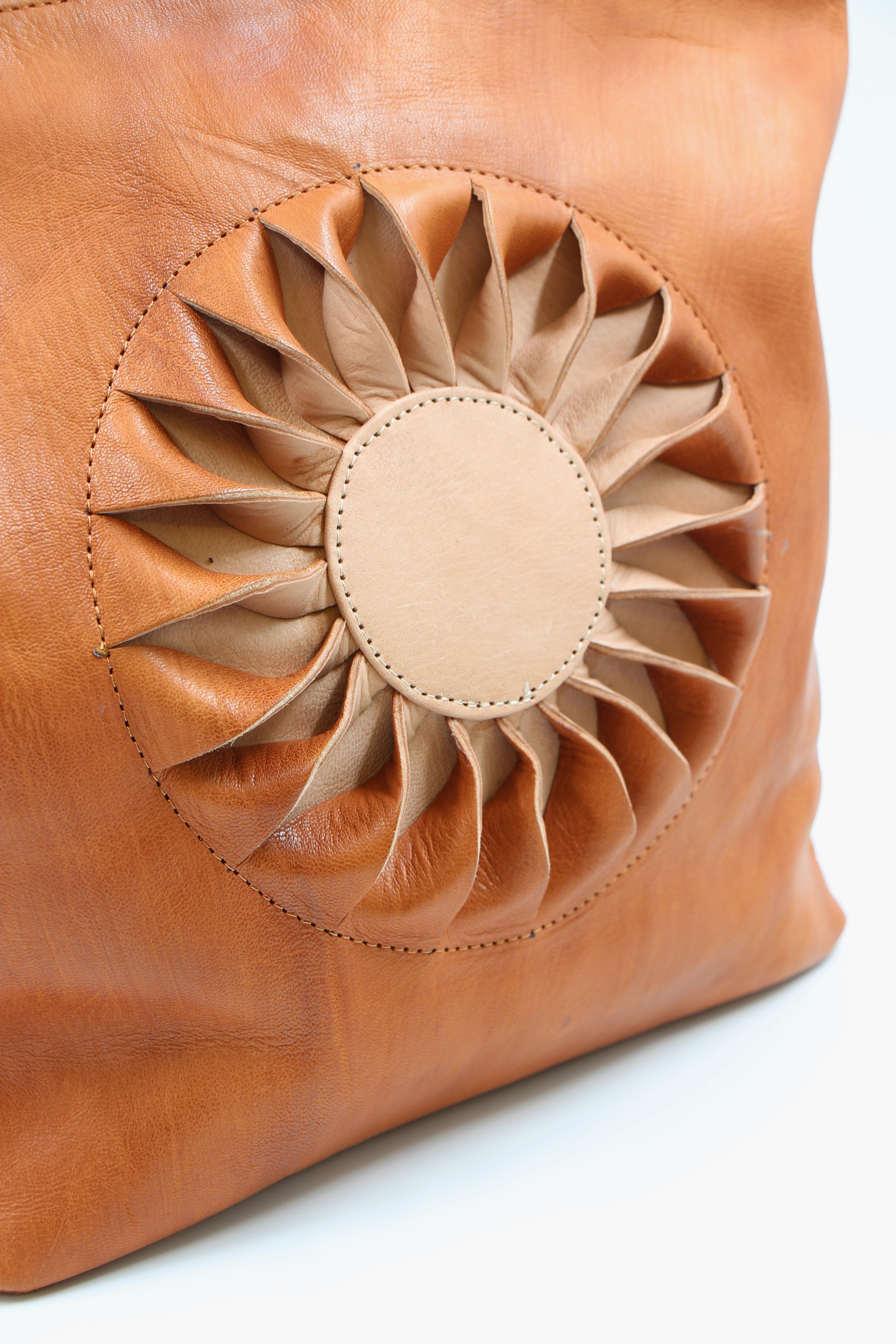 Genuine Moroccan Leather Shoulder Bag - Tan with Cream Sun Flower - Nirvana