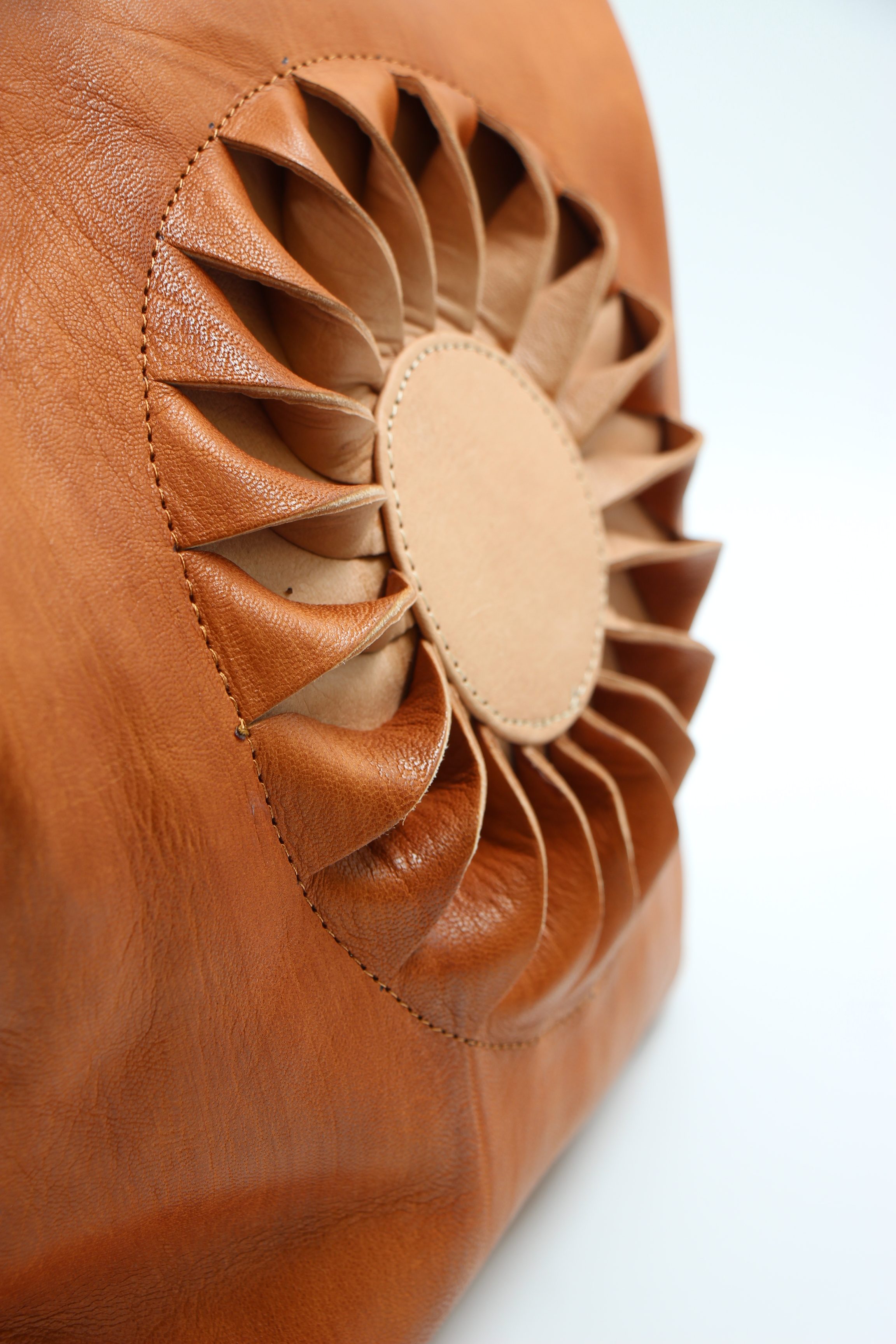 Genuine Moroccan Leather Shoulder Bag - Tan with Cream Sun Flower - Nirvana