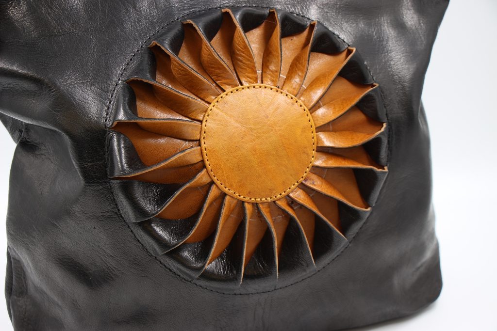 Genuine Moroccan Leather Shoulder Bag - Black With Tan Sunflower - Nirvana
