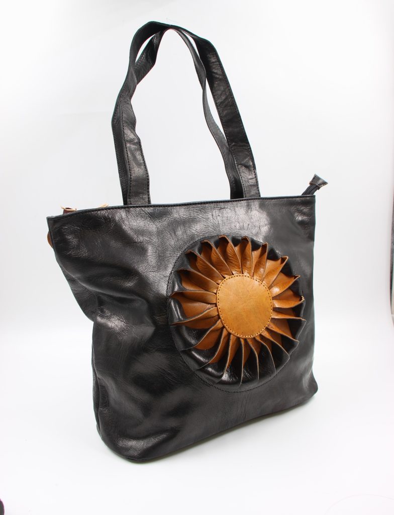 Genuine Moroccan Leather Shoulder Bag - Black With Tan Sunflower - Nirvana
