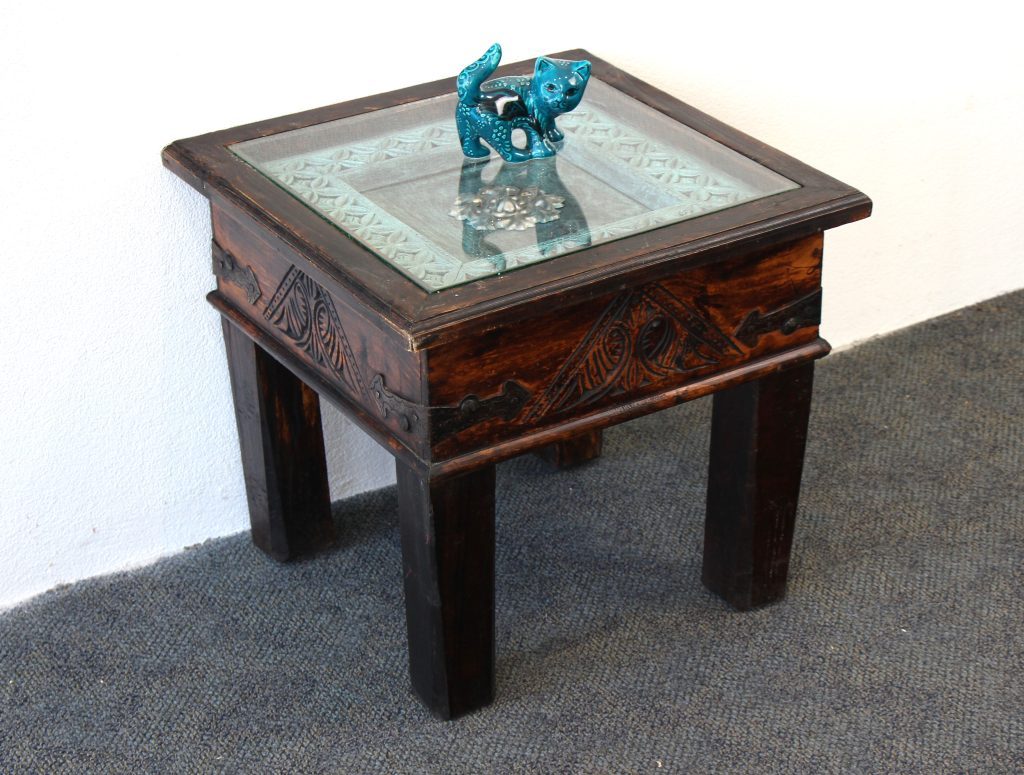 Hand Carved Side Table With Blue Wash 1 - Nirvana Eastern Imports