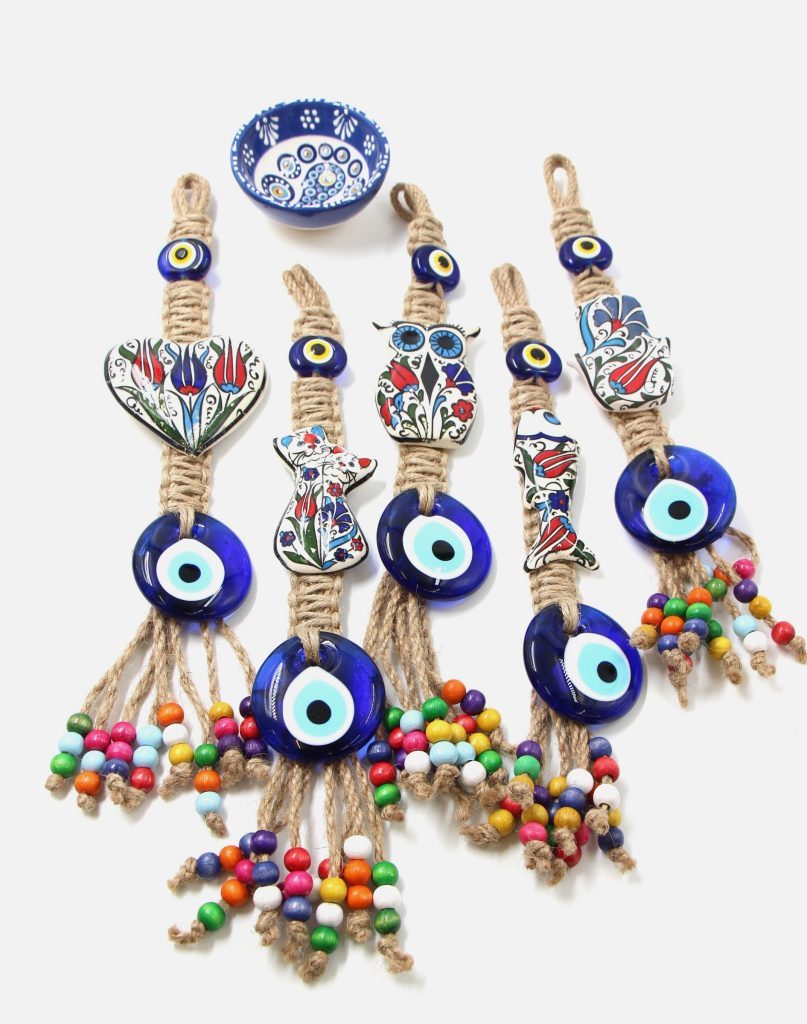 Ornate Turkish Evil Eye Wall Hanging On Rope With Tulip Ceramic Designs ...